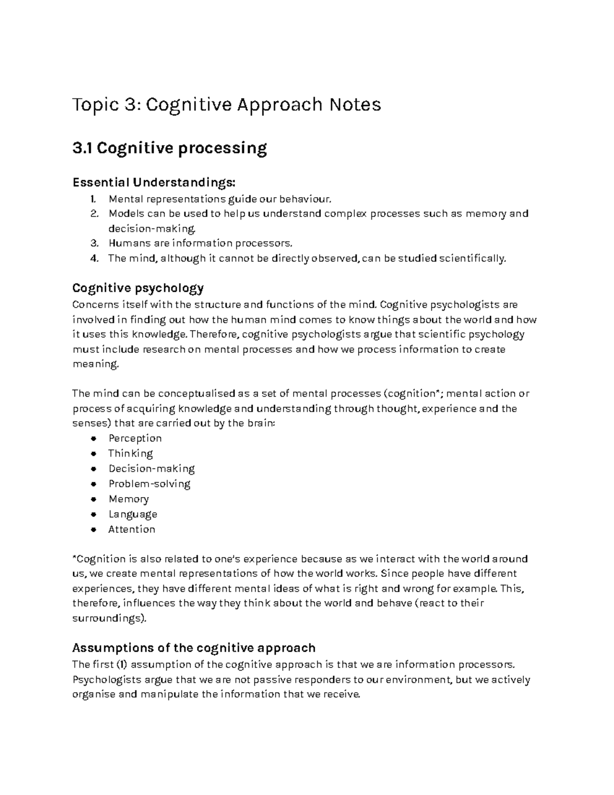 Cognitive Approach Notes: Understanding Mental Processes and Memory ...