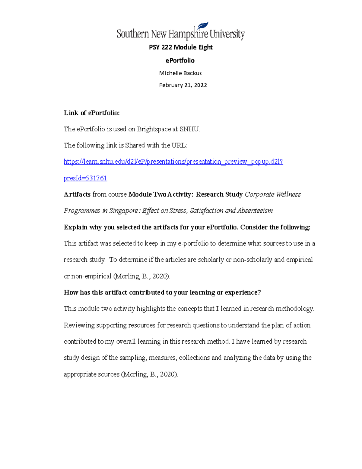 PSY 222 Module 8 e Portfolio - PSY 222 Module Eight ePortfolio Michelle ...