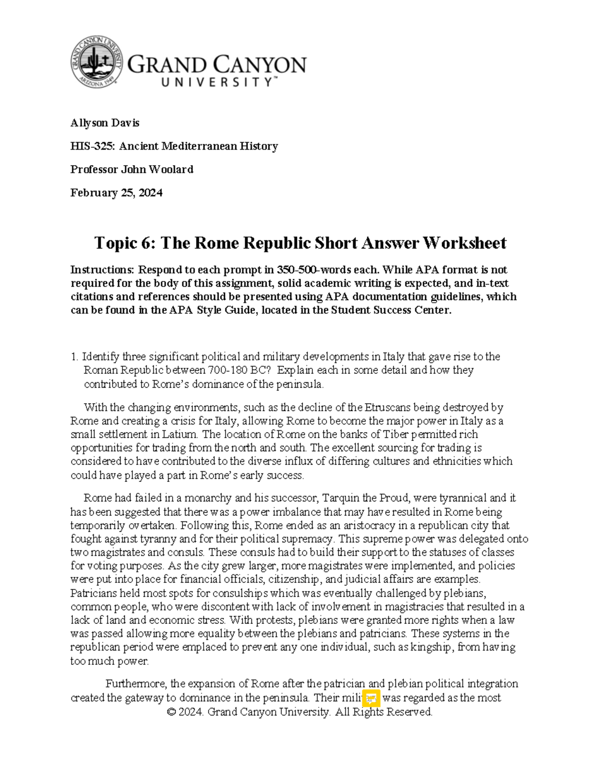 ADavis HIS-325 T6 The Roman Republic Developments Worksheet - Studocu
