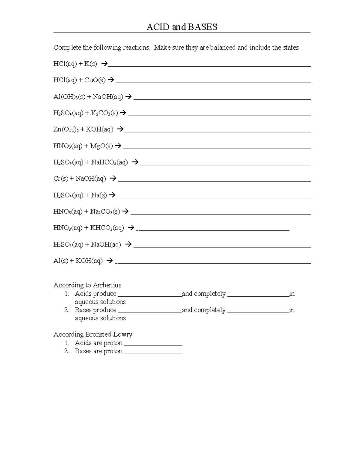 AB Acid-Base Worksheet: Balancing Reactions and Concepts - Studocu