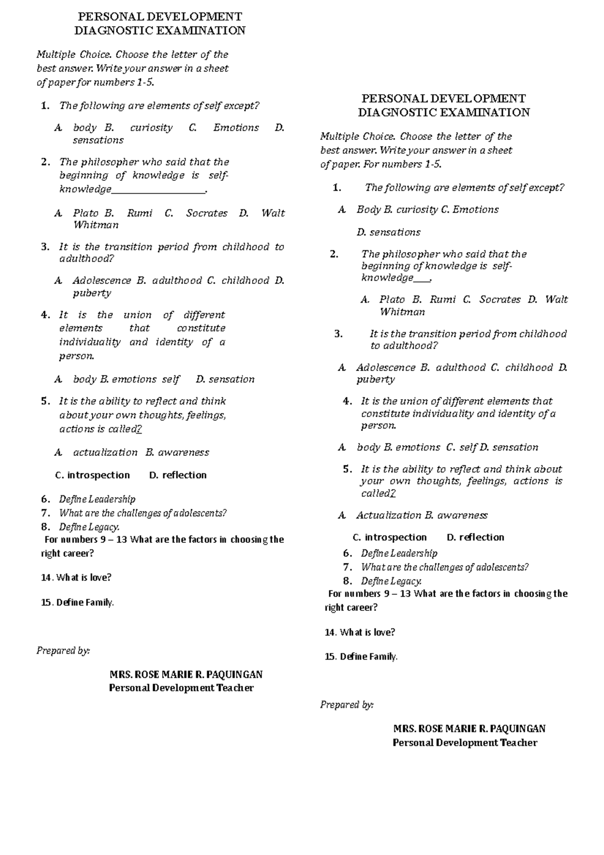 PerDev 101 - Diagnostic Examination Overview and Key Concepts - Studocu