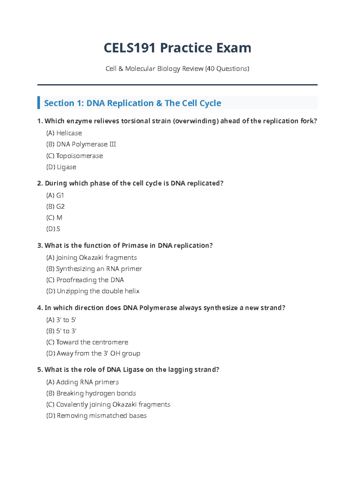 CELS191 Practice Exam: Cell & Molecular Biology Review (40 Qs) - Studocu