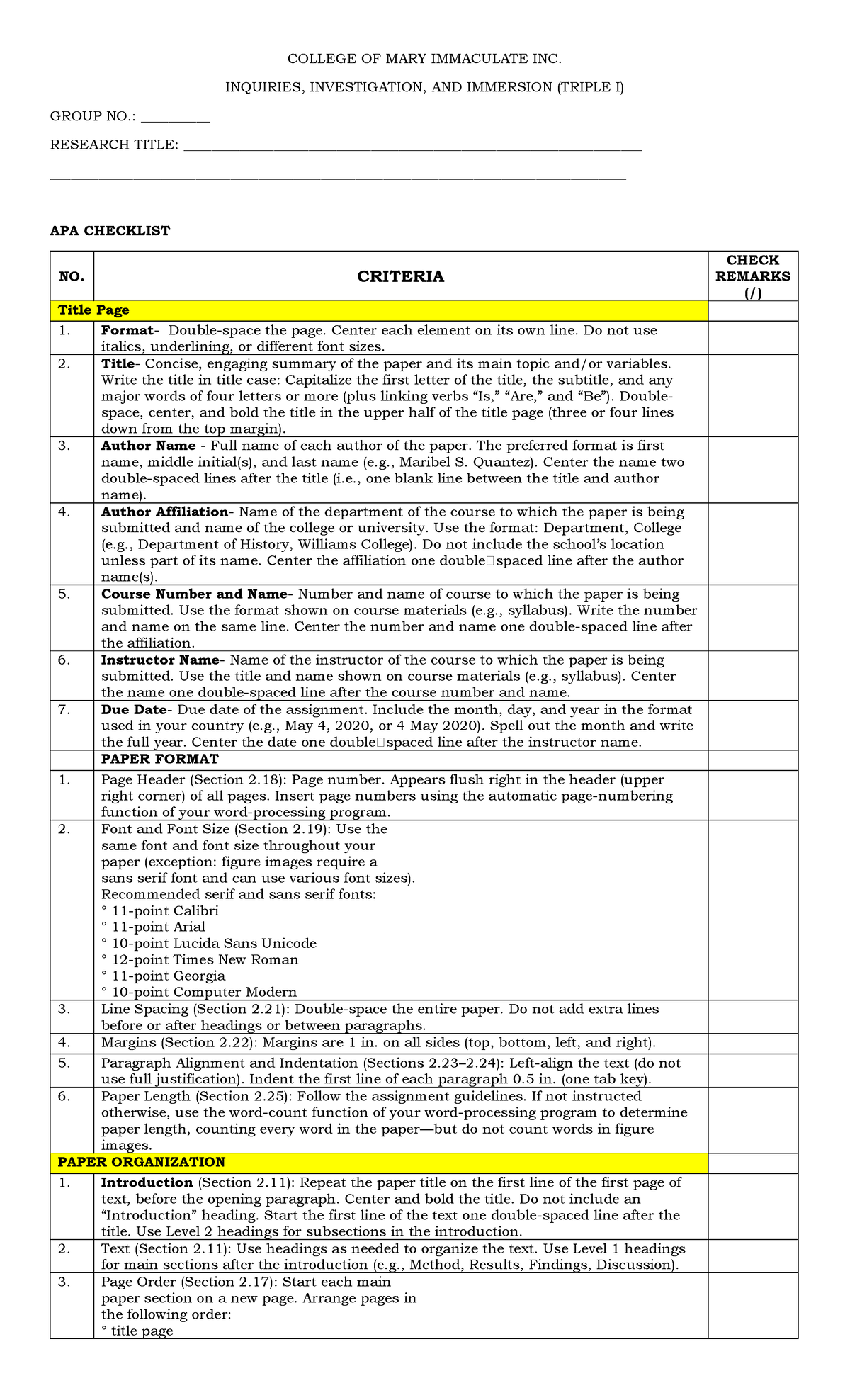 APA checklist for Triple I research project - Studocu