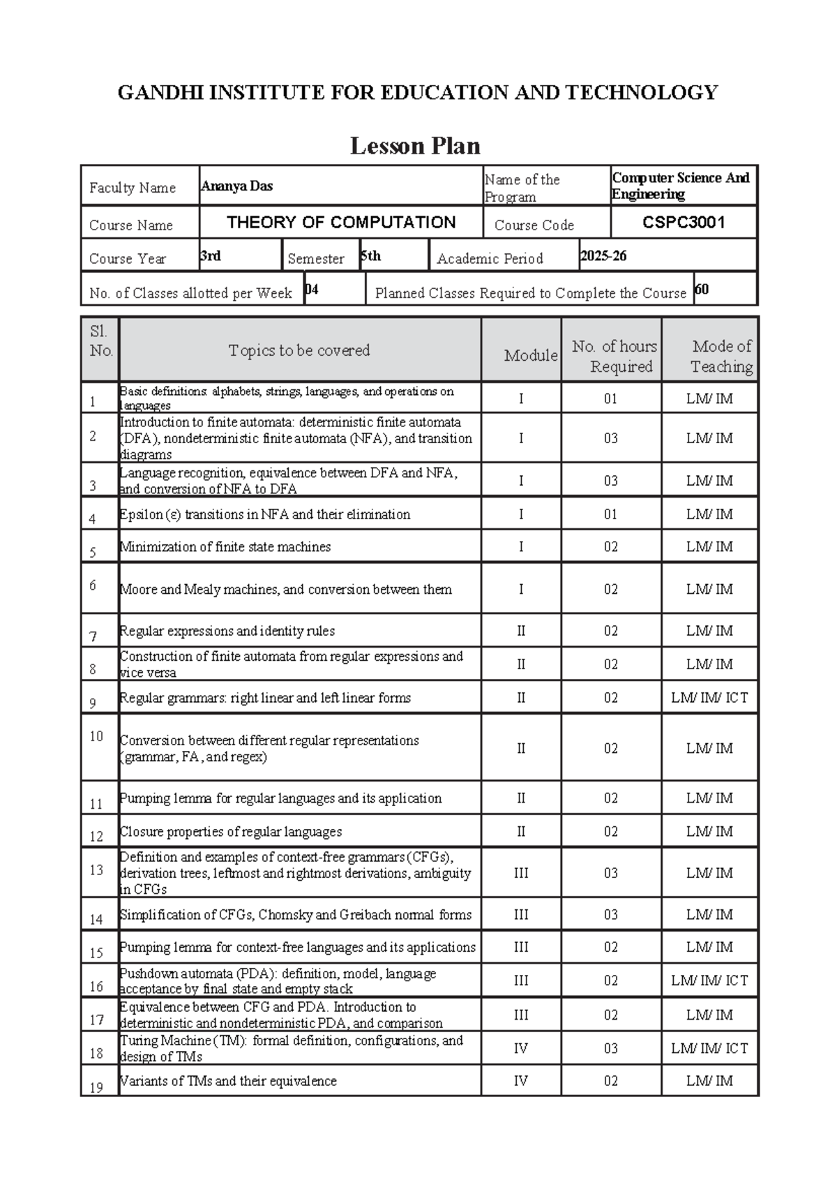 CSPC3001 Lesson Plan: Theory of Computation by Ananya Das - Studocu