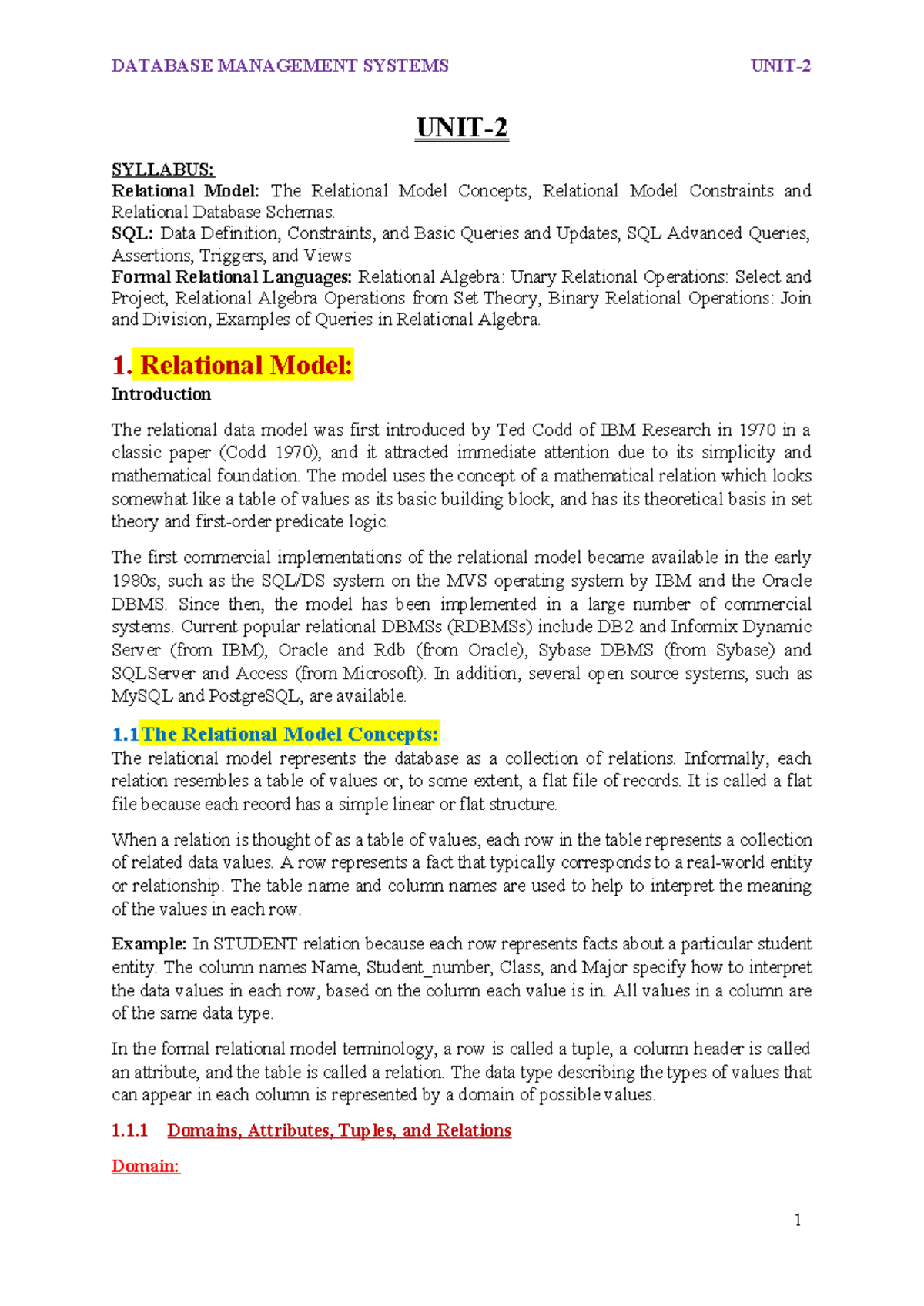 DBMS UNIT-2: Relational Model Concepts, SQL Basics, and Constraints - Studocu