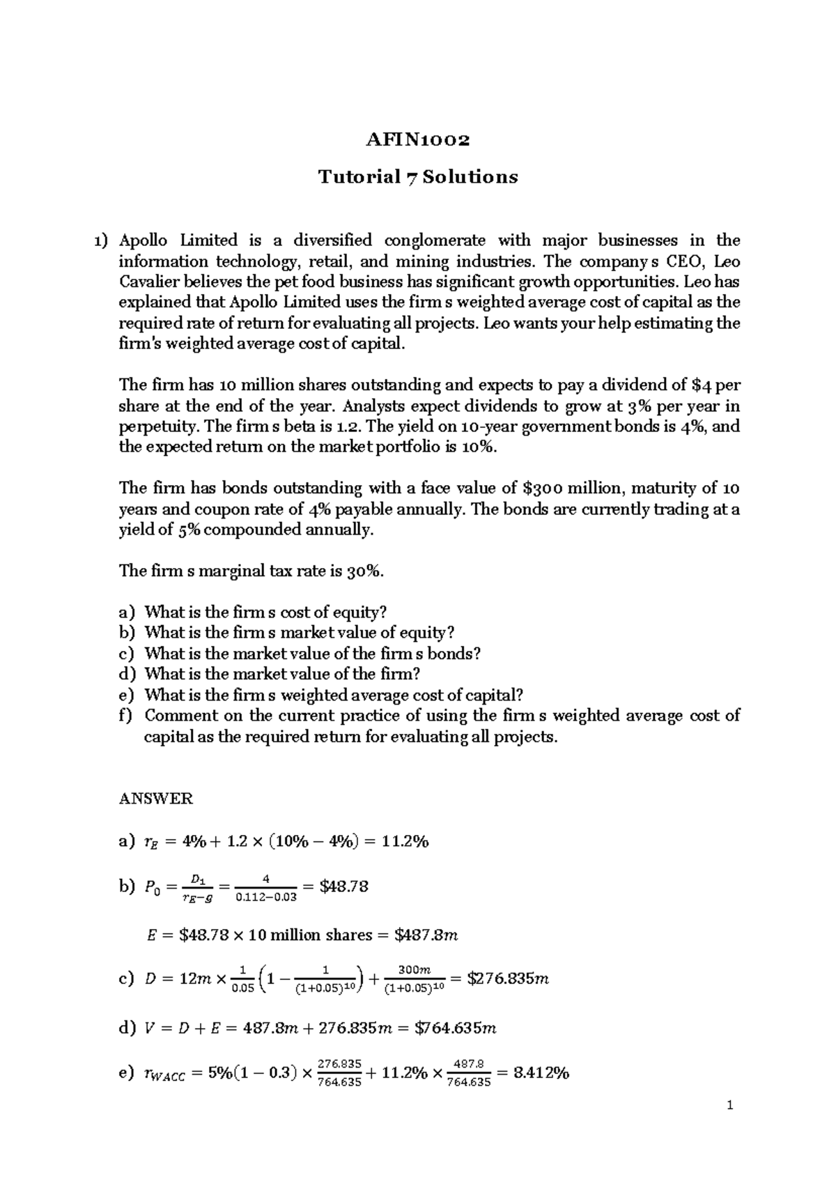 AFIN1002 Tutorial 7 Week 8 Solutions: WACC Analysis for Apollo Limited ...