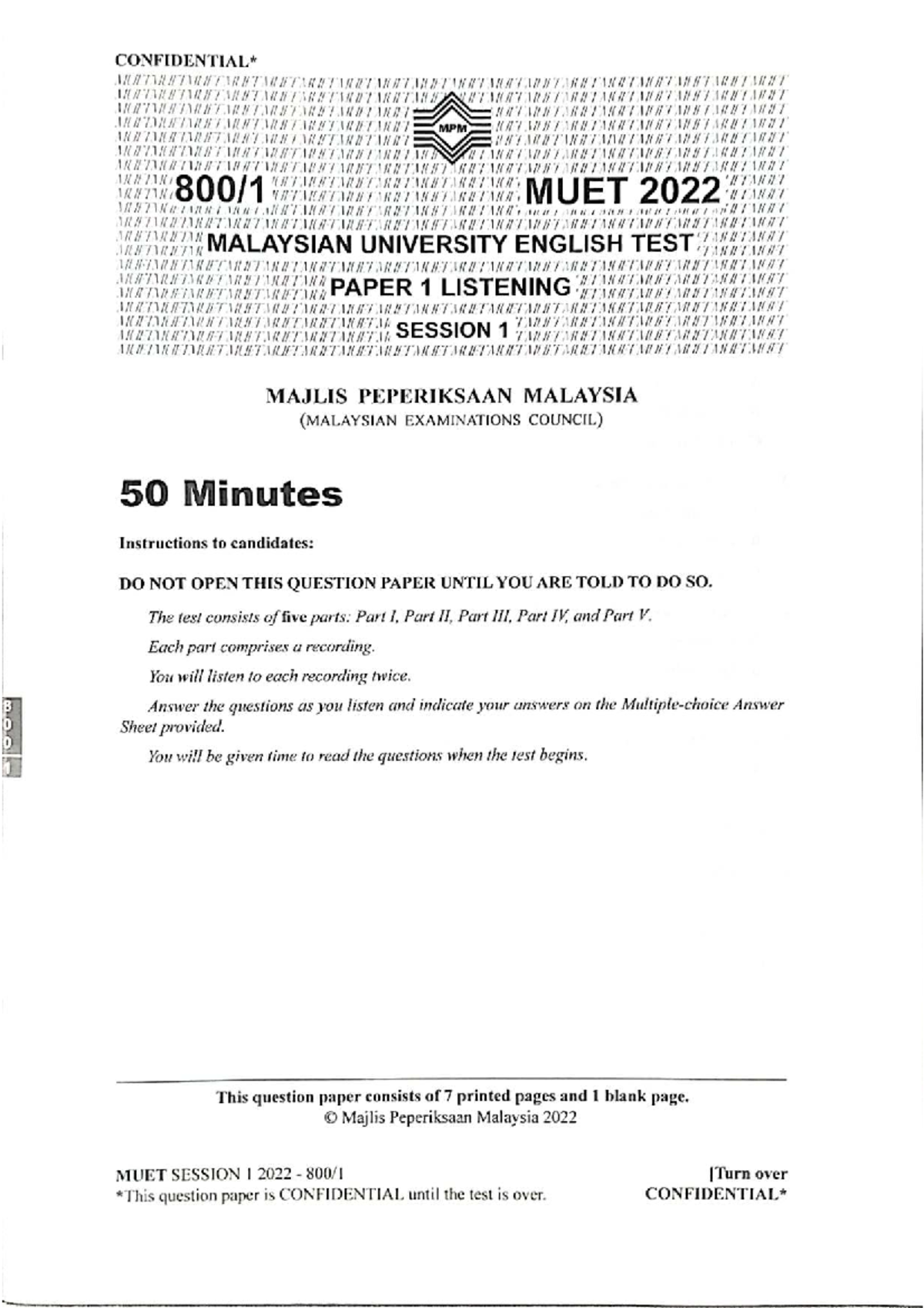 Listening MUET 2022 Session 1: Test Paper 1 Overview - Studocu