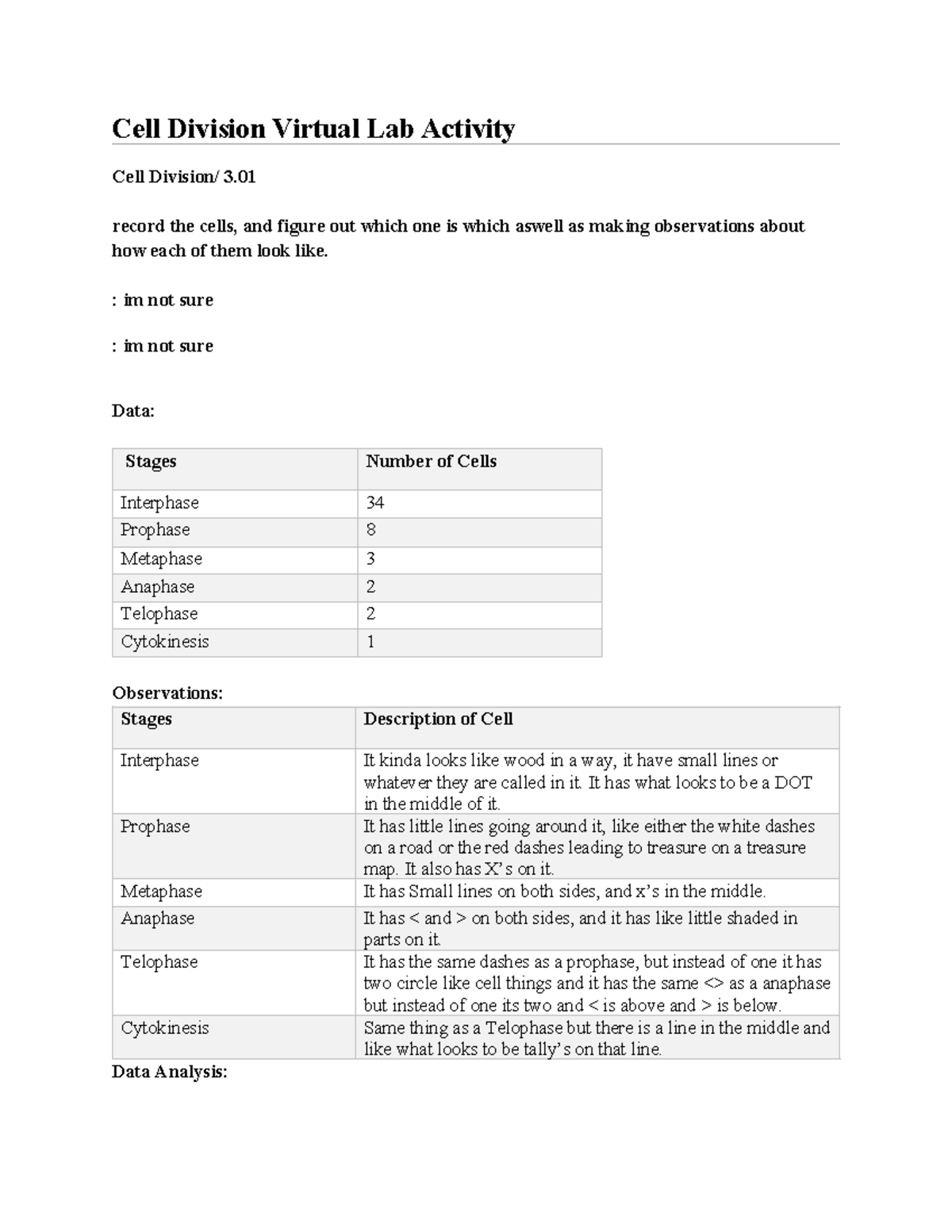 03 01 virtual cell division lab report - Cell Division Virtual Lab ...