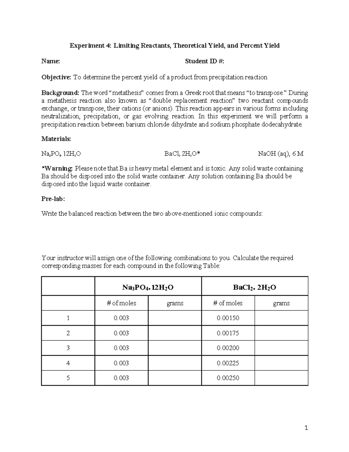 EXP 4 - Stoichiometry Lab Notes: Limiting Reactants & Yield Analysis ...