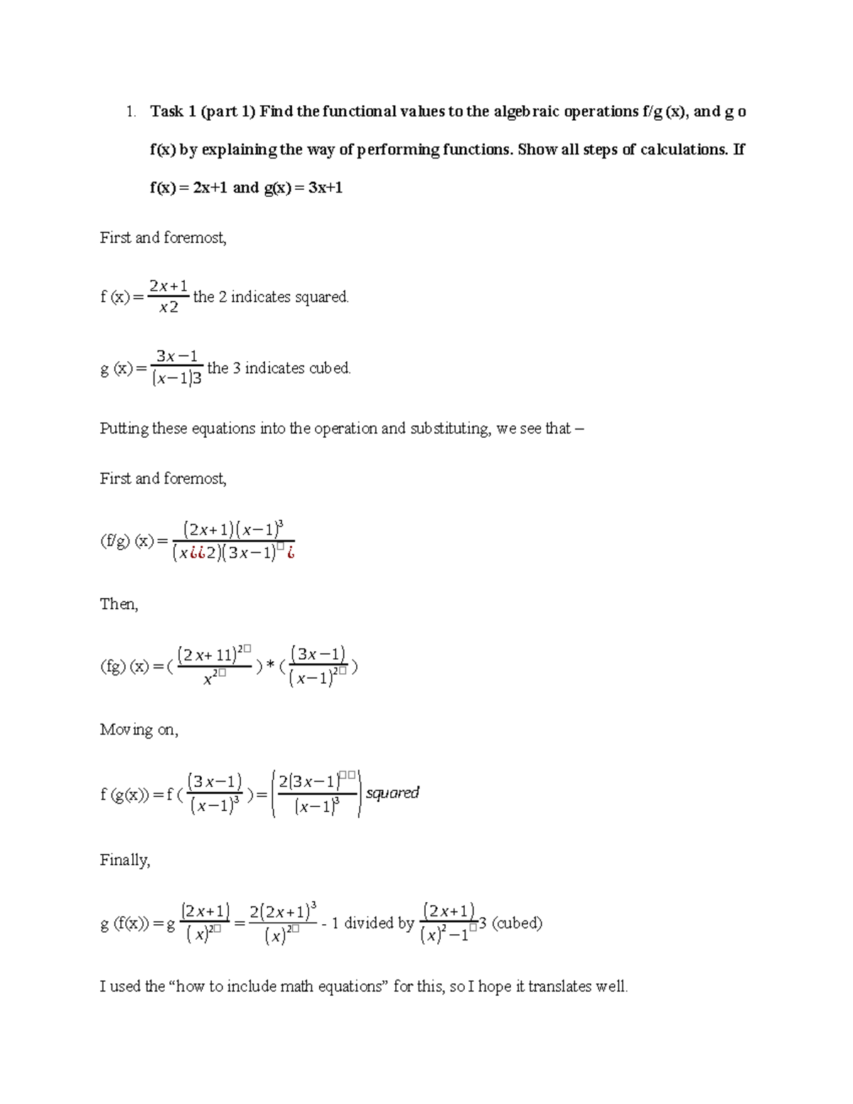MATH 1201 UNIT 2 MATH Assignment - Task 1 (part 1) Find the functional values to the algebraic ...