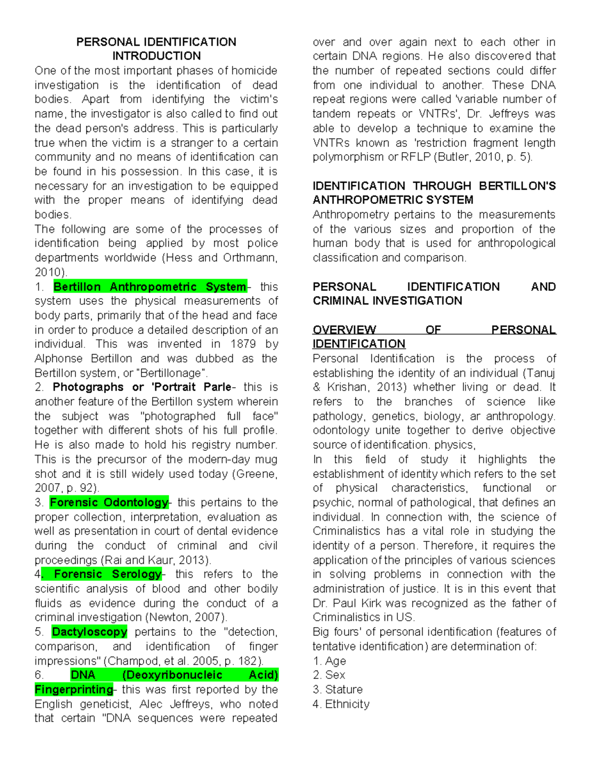 Personal Identification Techniques in Criminal Investigation (CRJ 101 ...