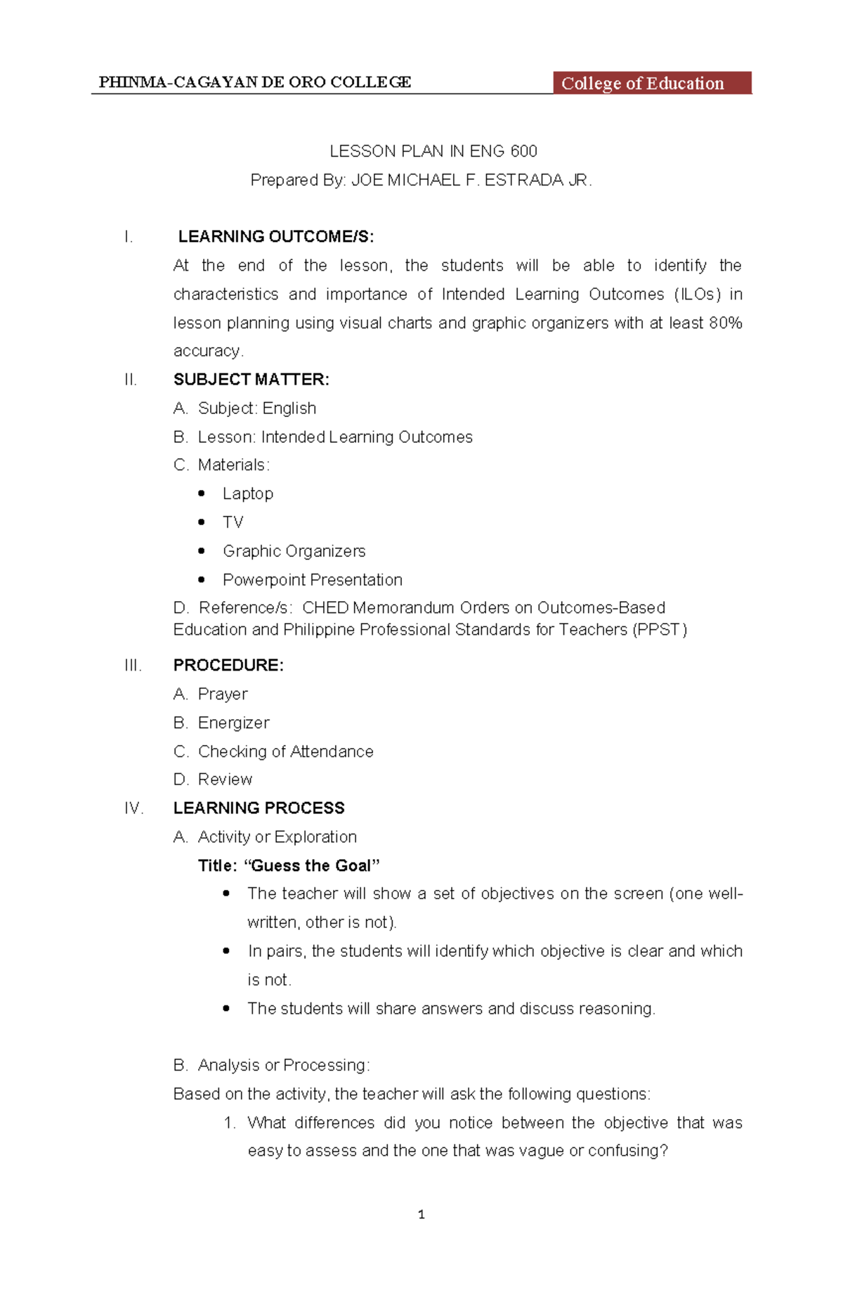 ENG 600 Lesson Plan: Understanding Intended Learning Outcomes - Studocu