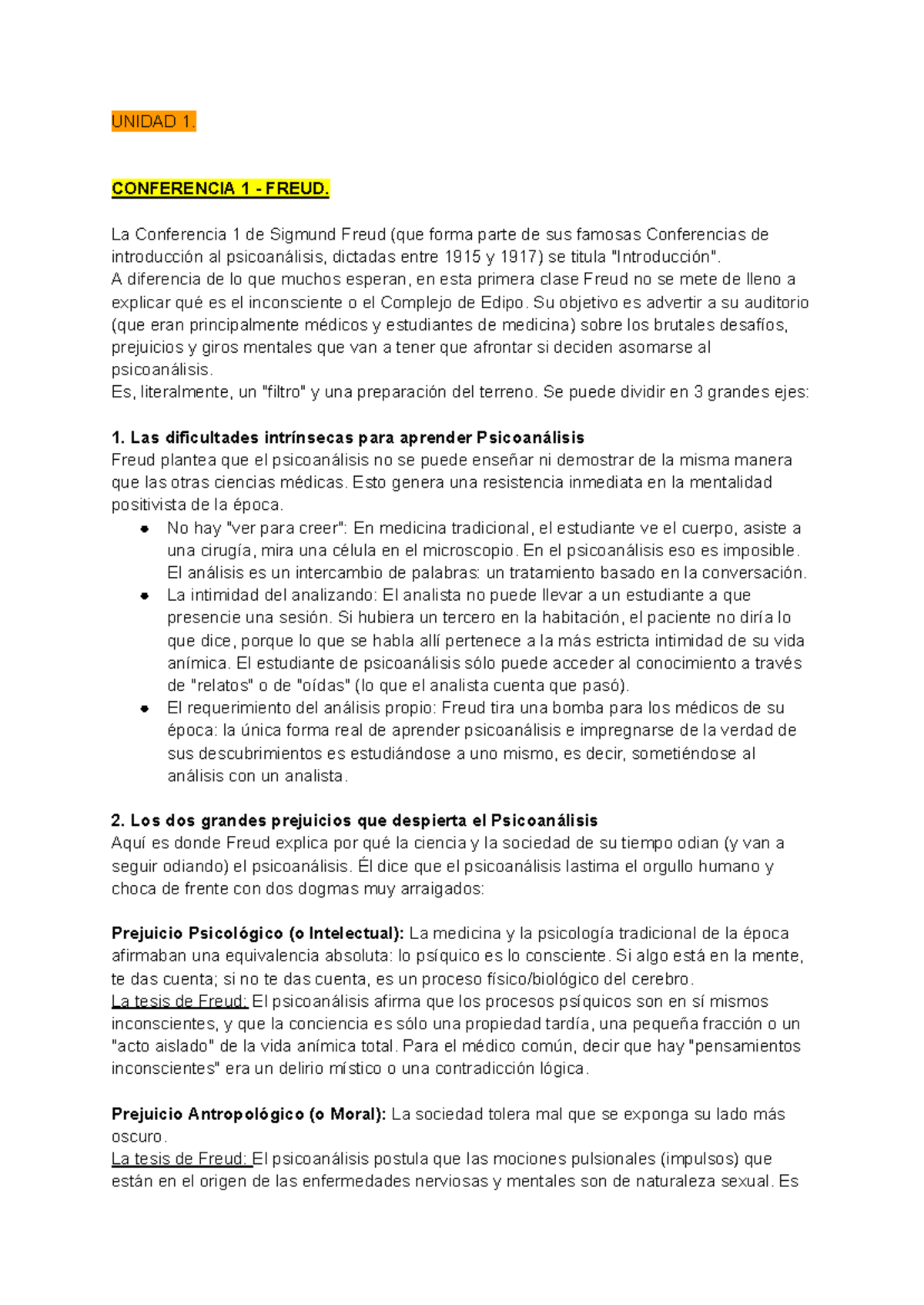UNIDAD 1: CONFERENCIA 1 FREUD - Introducción al Psicoanálisis - Studocu