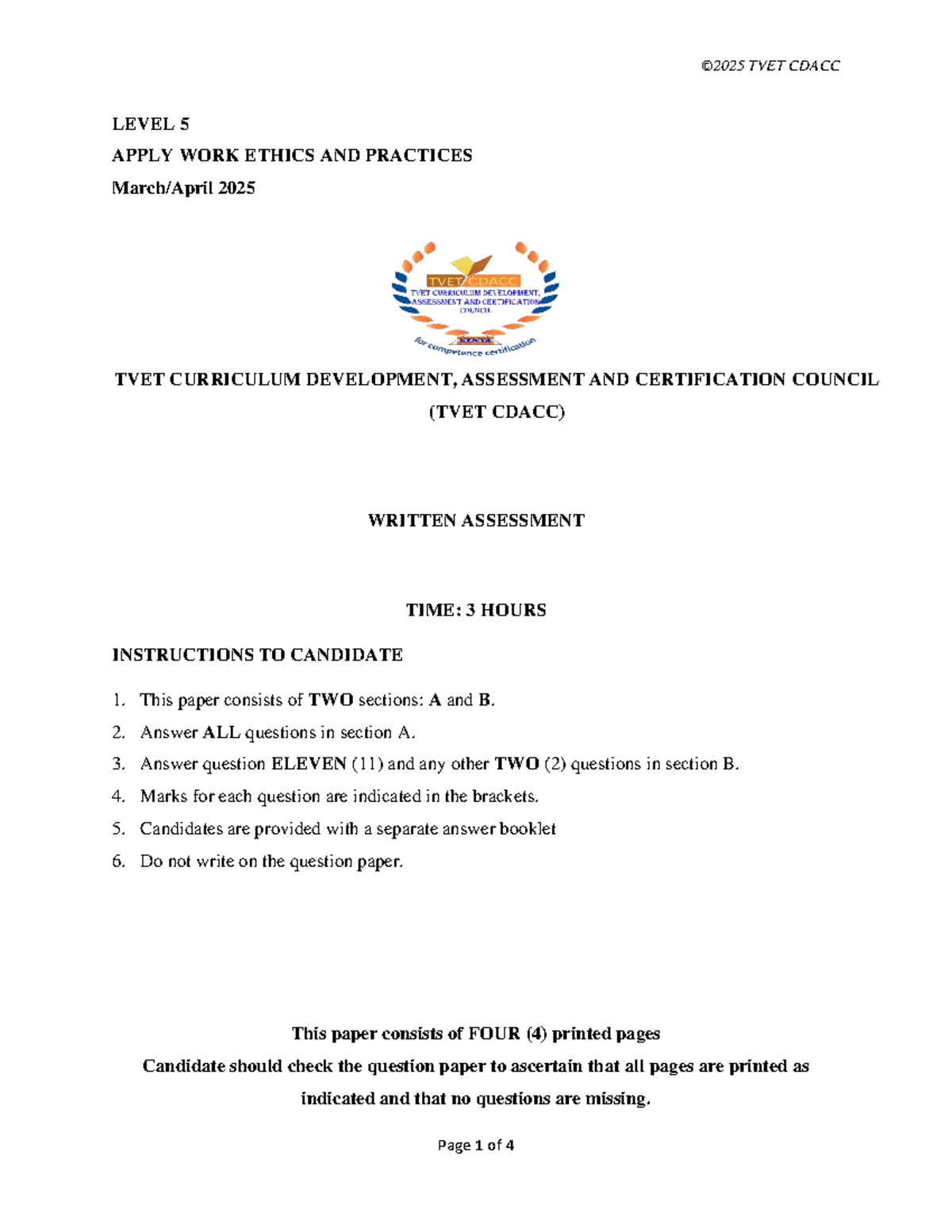 TVET CDACC LEVEL 5 WRITTEN ASSESSMENT: APPLYING WORK ETHICS & PRACTICES ...