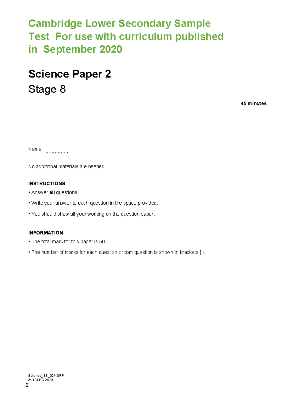 Cambridge Lower Secondary Science Stage 8 Sample Test Paper 2 - Studocu
