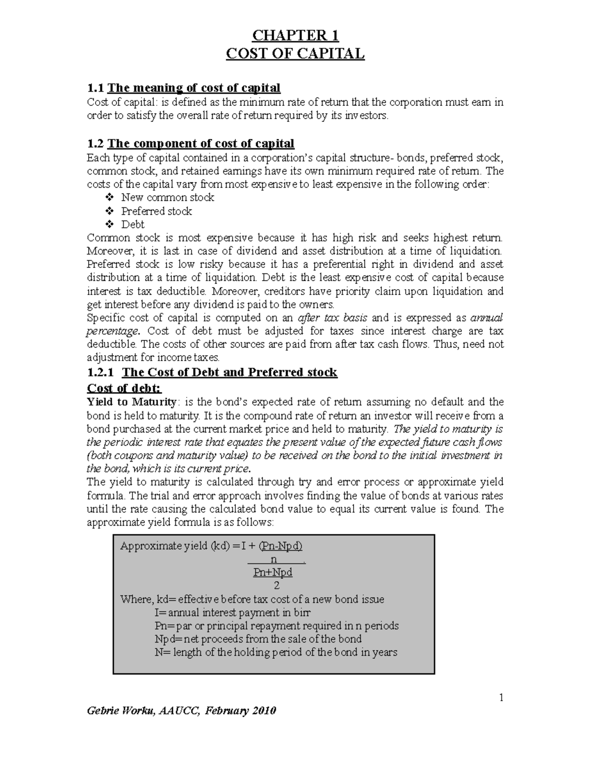 Financial Management Part II-2 - CHAPTER 1 COST OF CAPITAL 1 The meaning of cost of capital Cost ...
