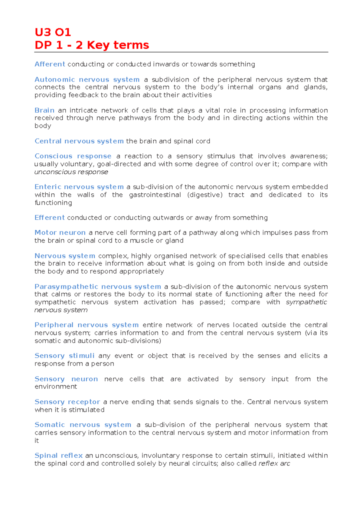 U3 O1 DP 1-2 Key Terms for SAC Prep on Nervous System - Studocu