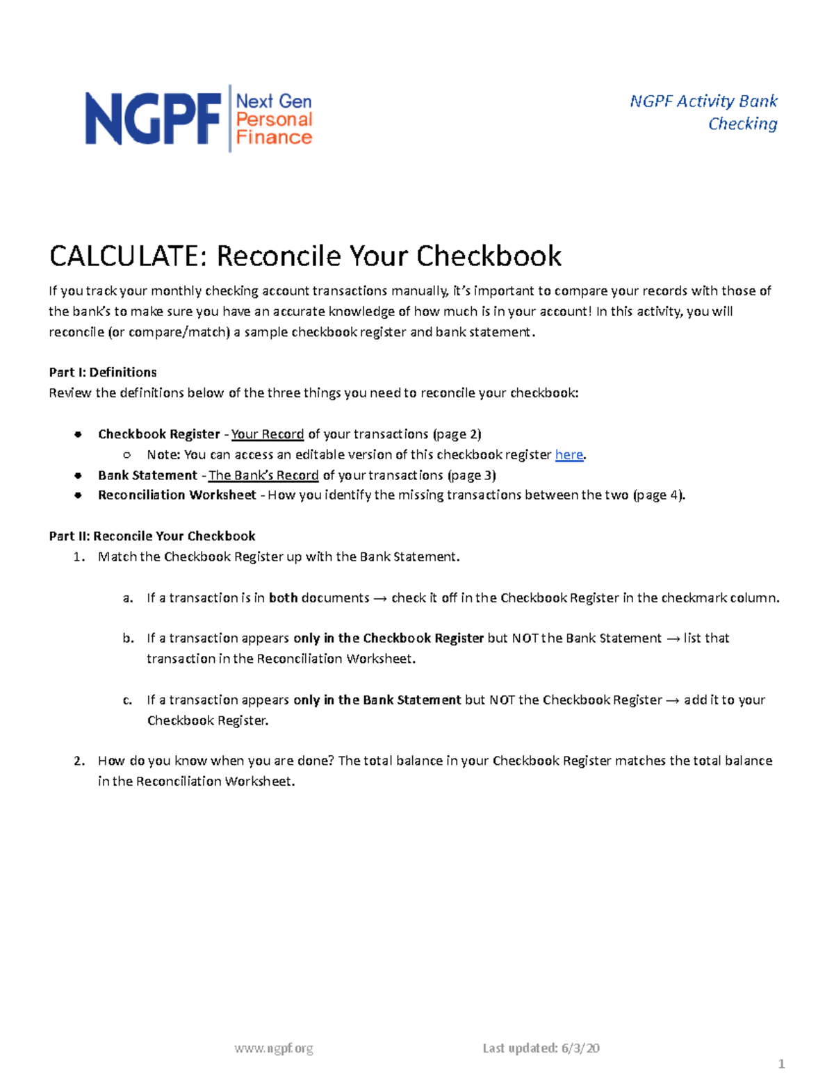NGPF Activity Bank Checking: Reconcile Your Checkbook Guide - Studocu