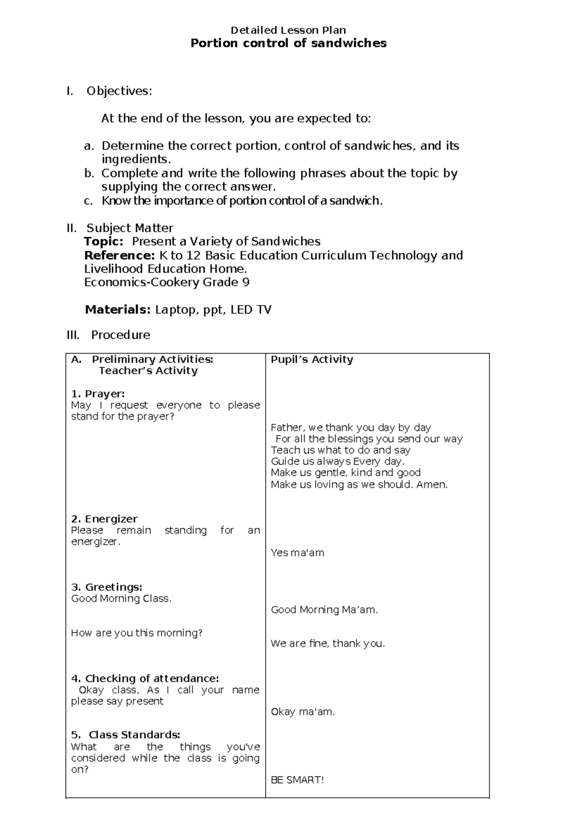 **Final Exam Lesson Plan on Sandwich Portion Control - TLE9** - Studocu