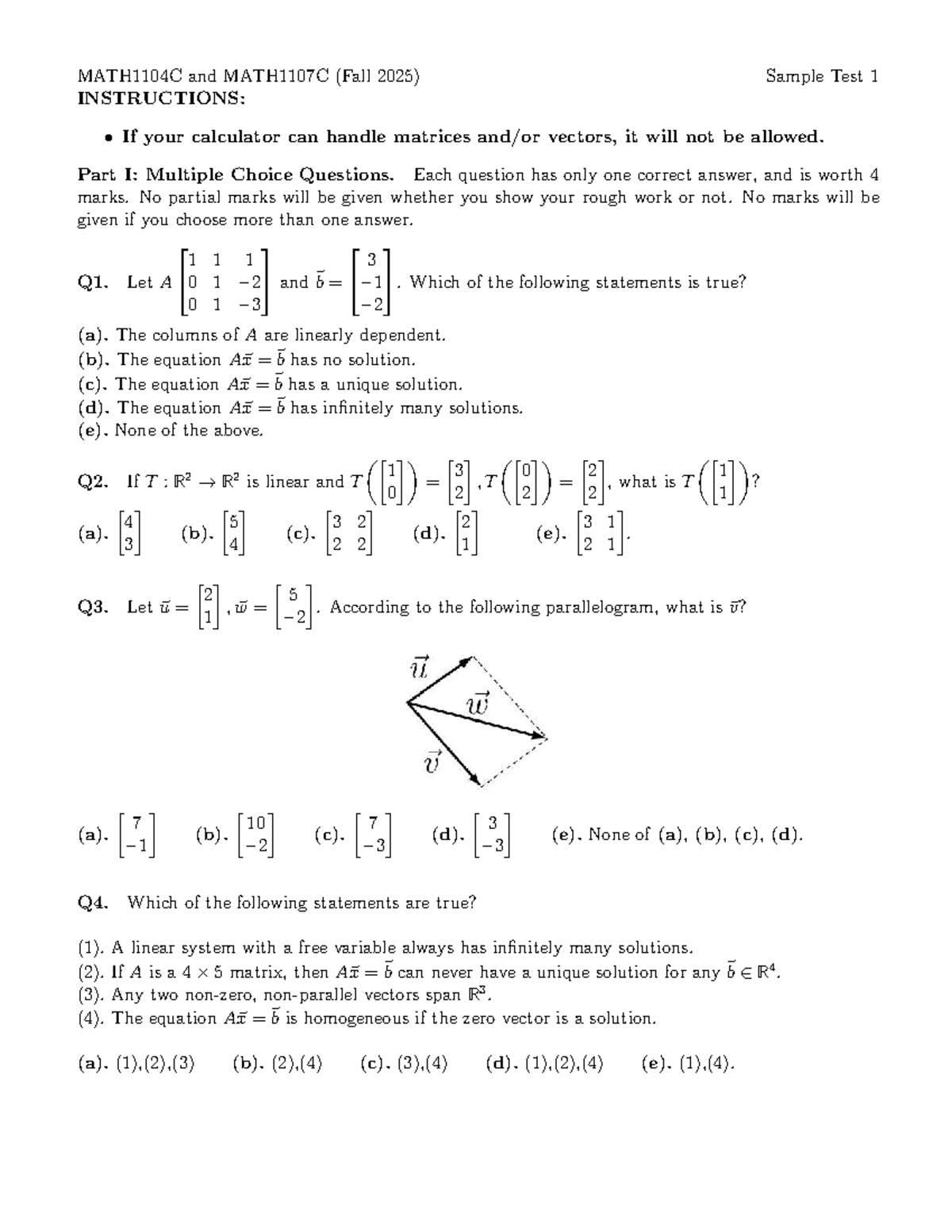 MATH1104C & MATH1107C Fall 2025 Sample Test 1 Instructions - Studocu