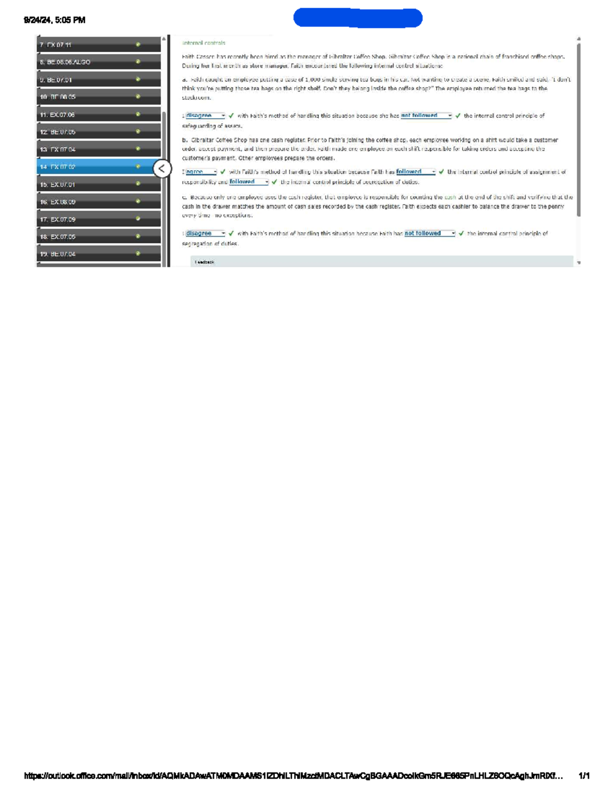 Module 4-2 Problem Set - 5:05 PM 7. EX 07 Internal controls Faith Cassen has recently been hired ...
