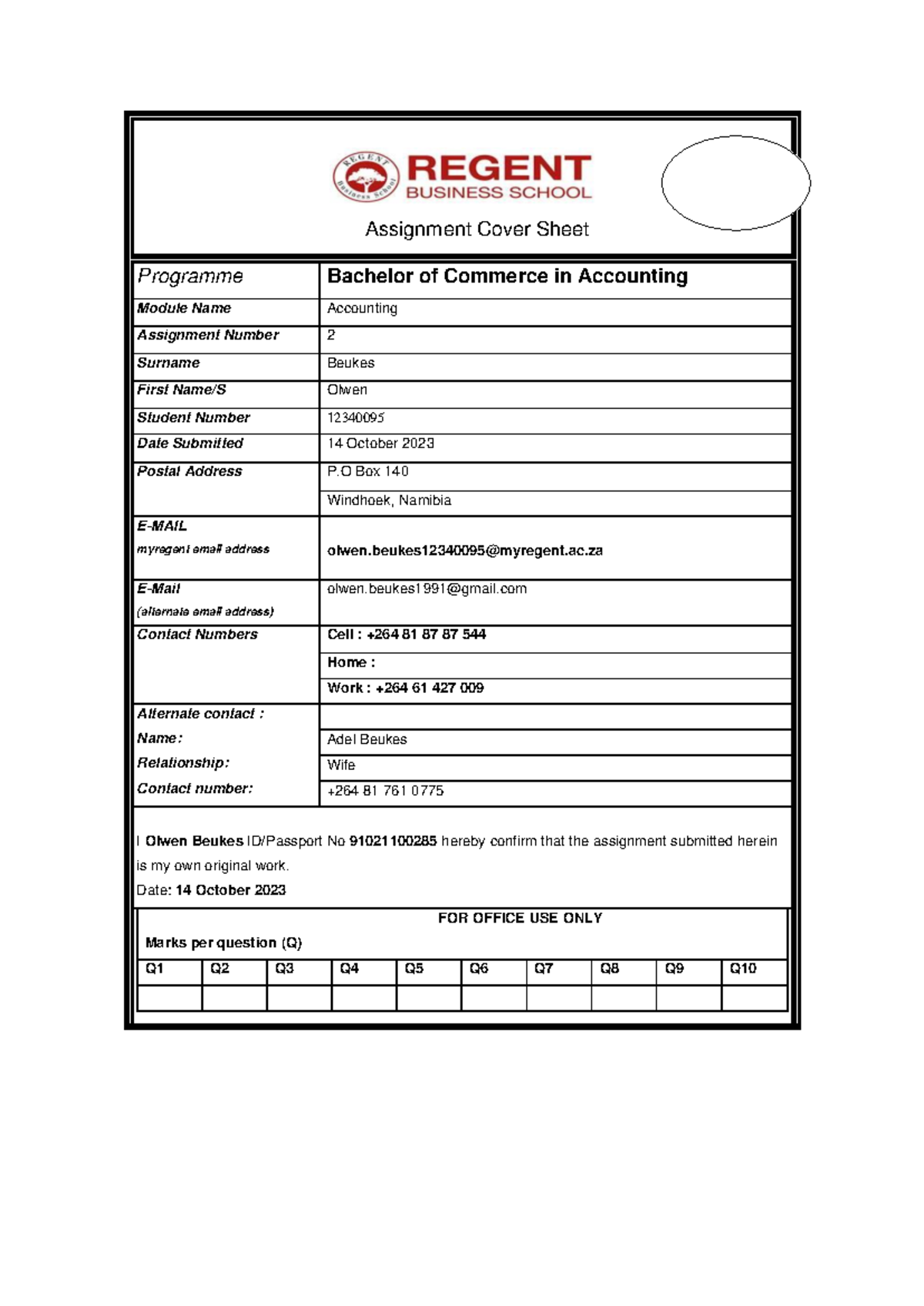 Financial accounting assignment cover sheet and details for BCom 2 - Studocu