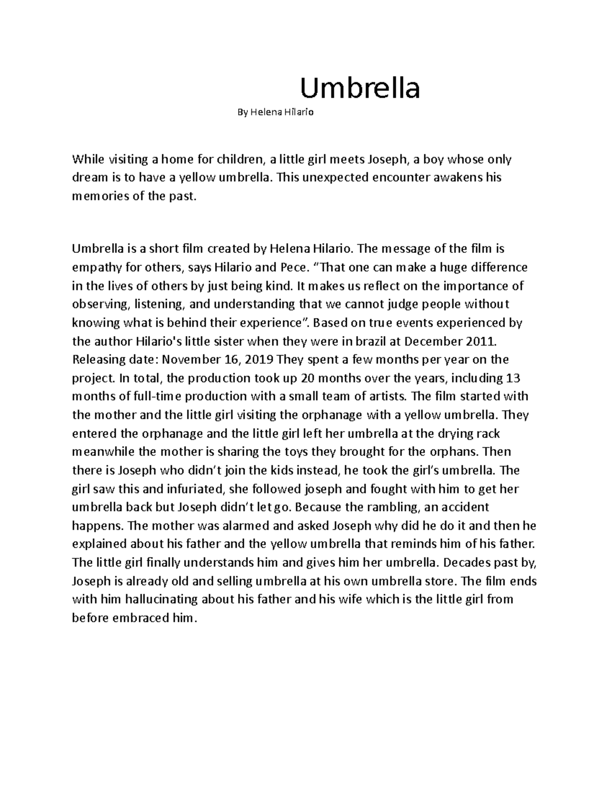 Analysis of "Umbrella": A Film By Helena Hilario - Studocu