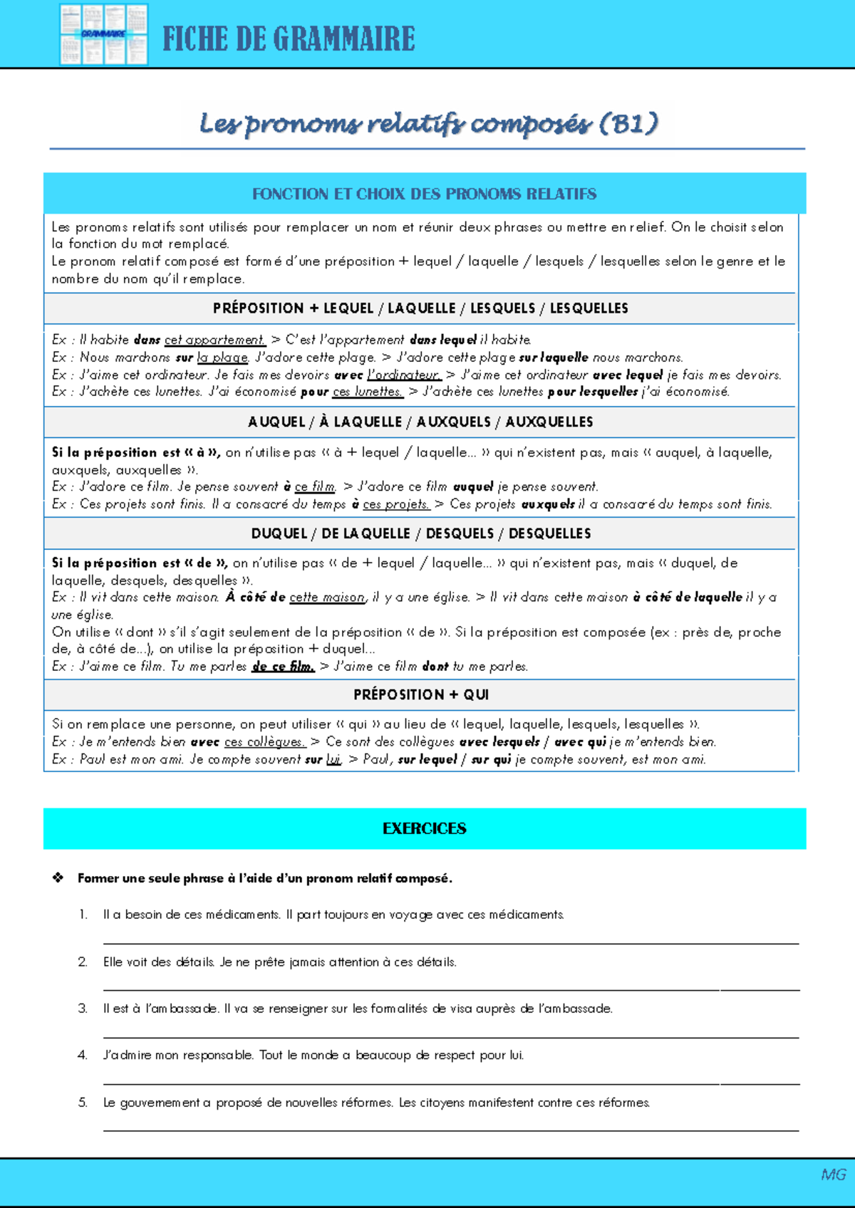B1 FICHE DE GRAMMAIRE : Pronoms Relatifs Composés et Exemples - Studocu