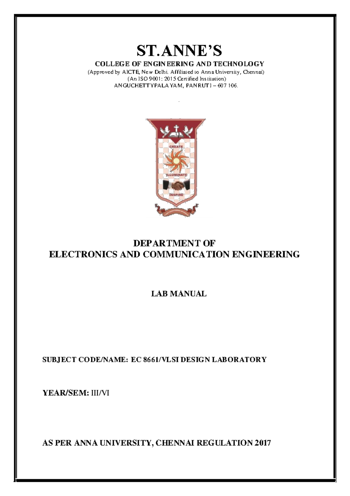 EC 8661 VLSI Design Lab Manual: Experiments and Procedures Guide - Studocu