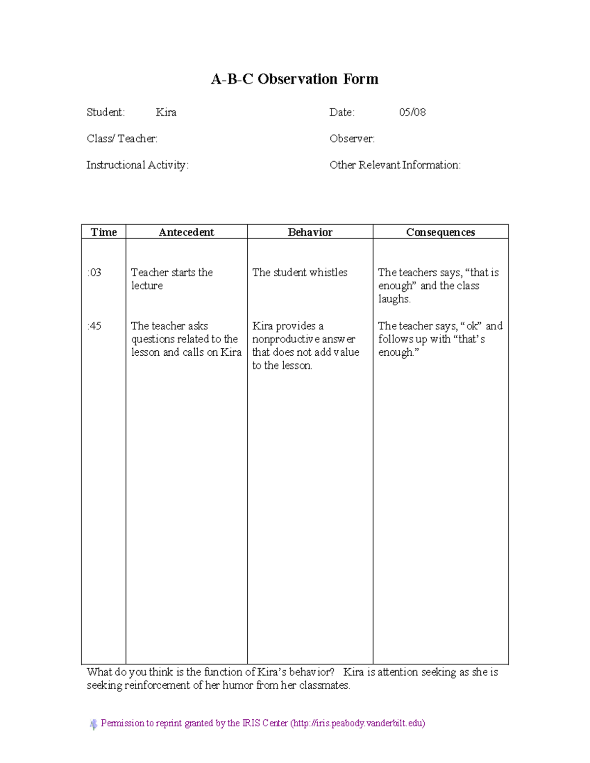 ABCform - Kira - Class information. - A-B-C Observation Form Student ...