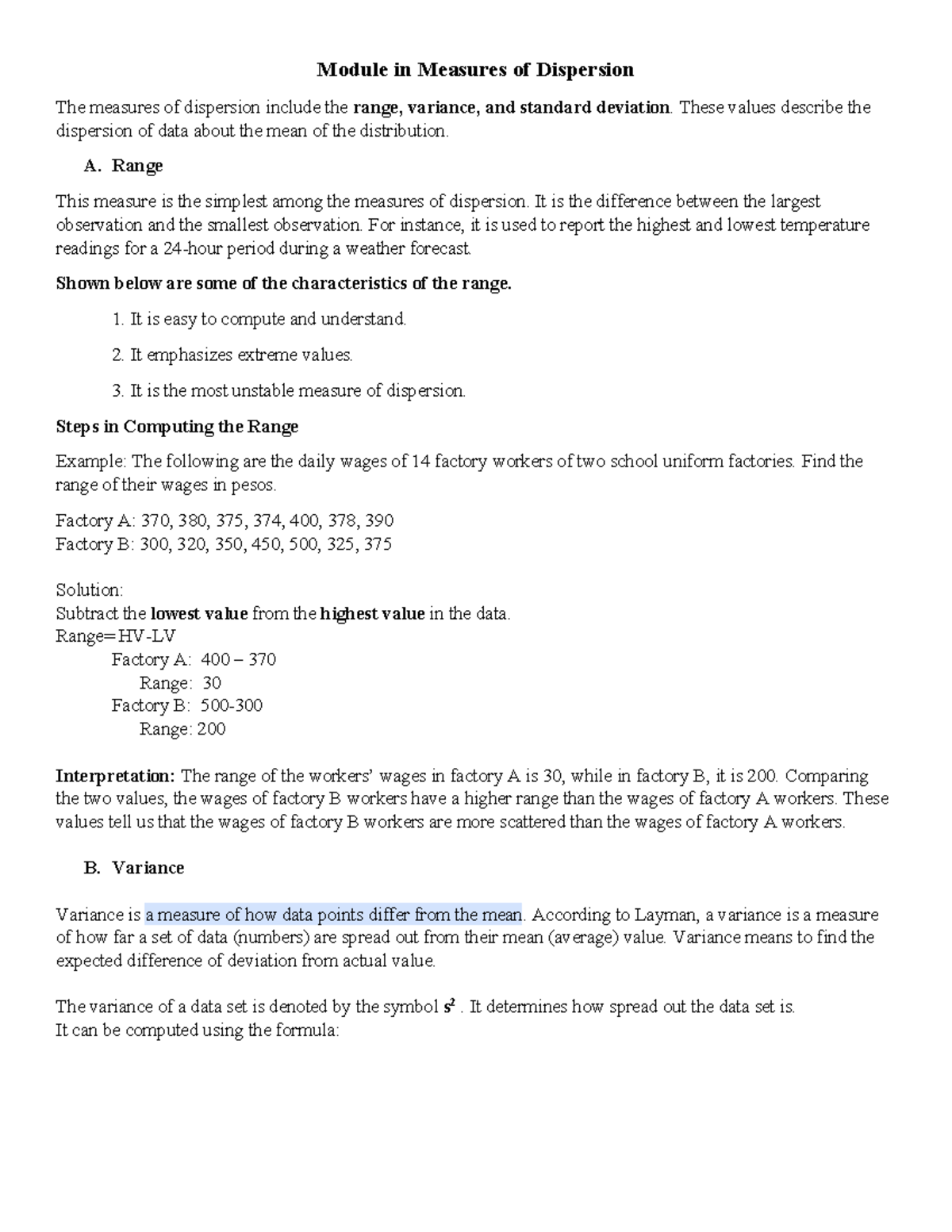 Module in Measures of Dispersion: Range, Variance, and Std Dev - Studocu
