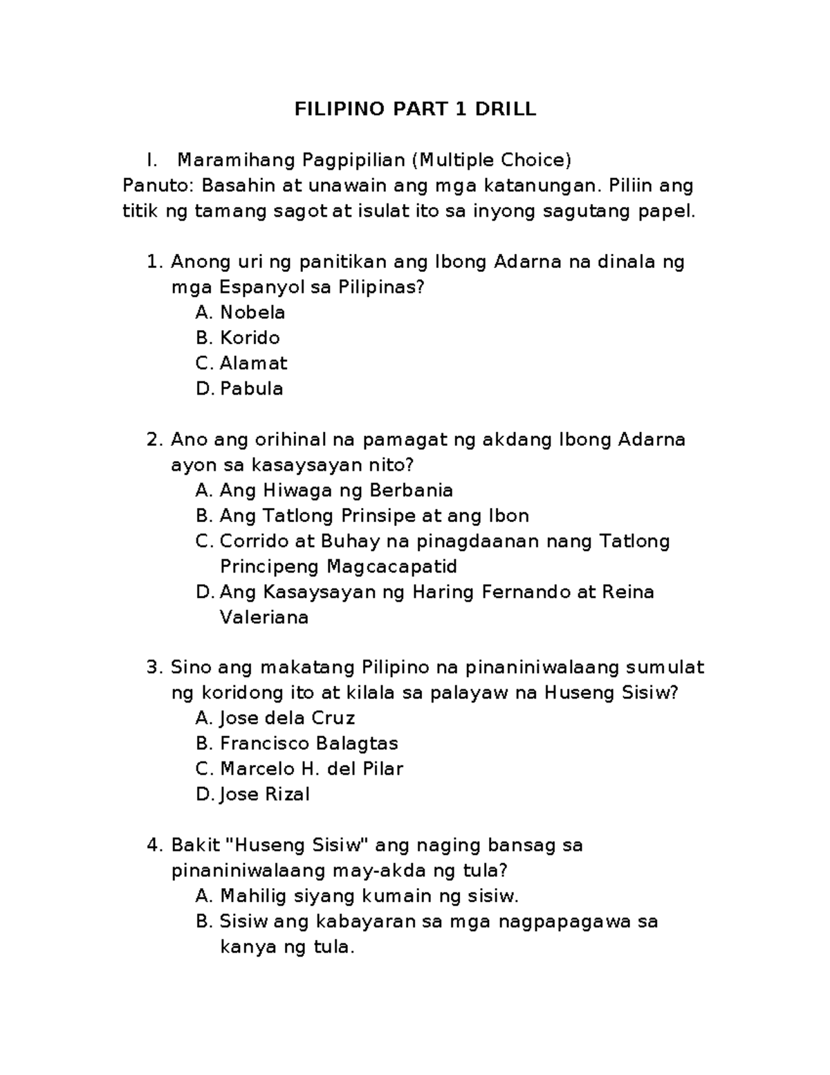 FILIPINO PART 1 DRILL I: Multiple Choice & Fill in the Blanks - Studocu