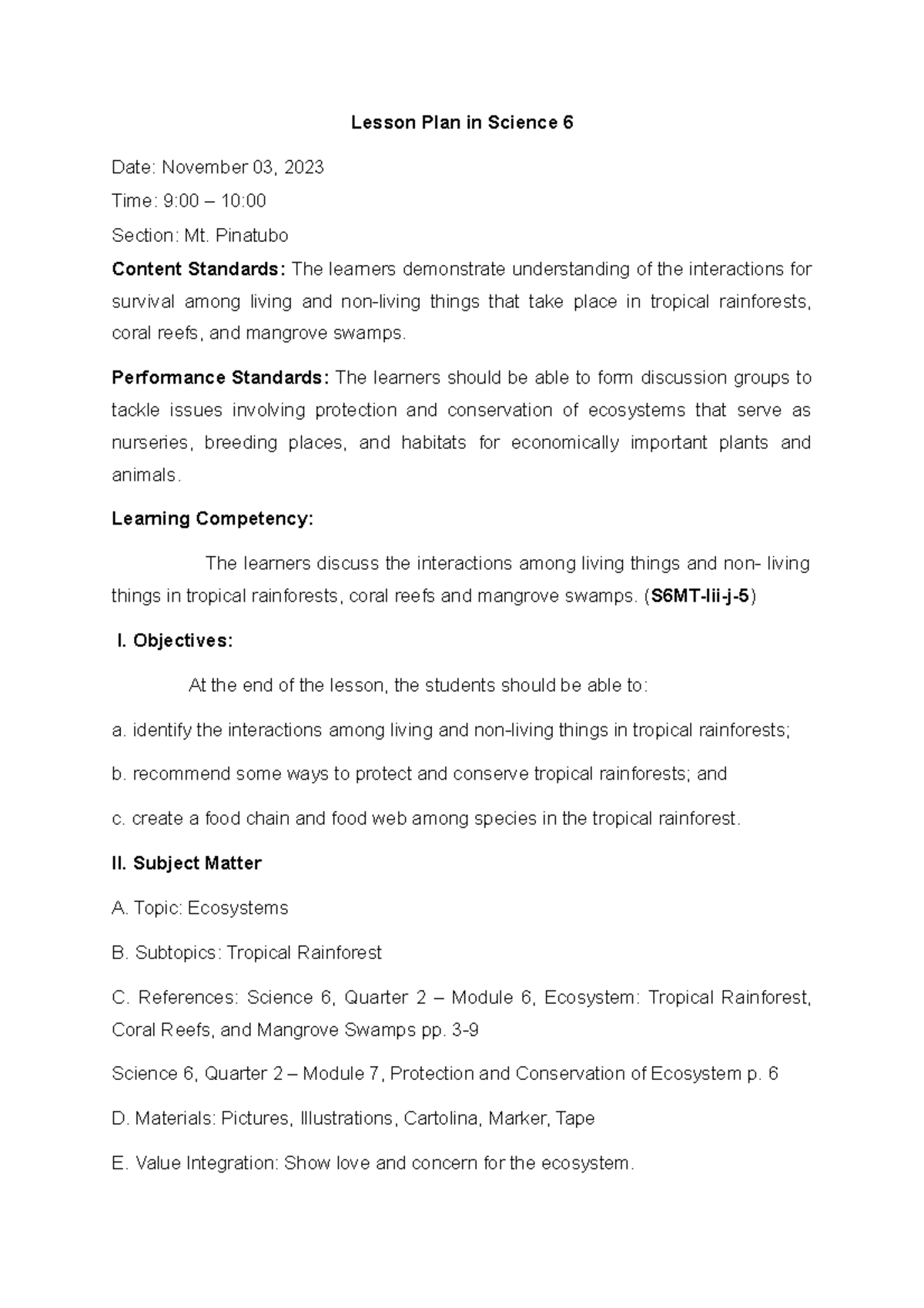 Lesson Plan - Ecosystems in Tropical Rainforest (Science 6) - Studocu