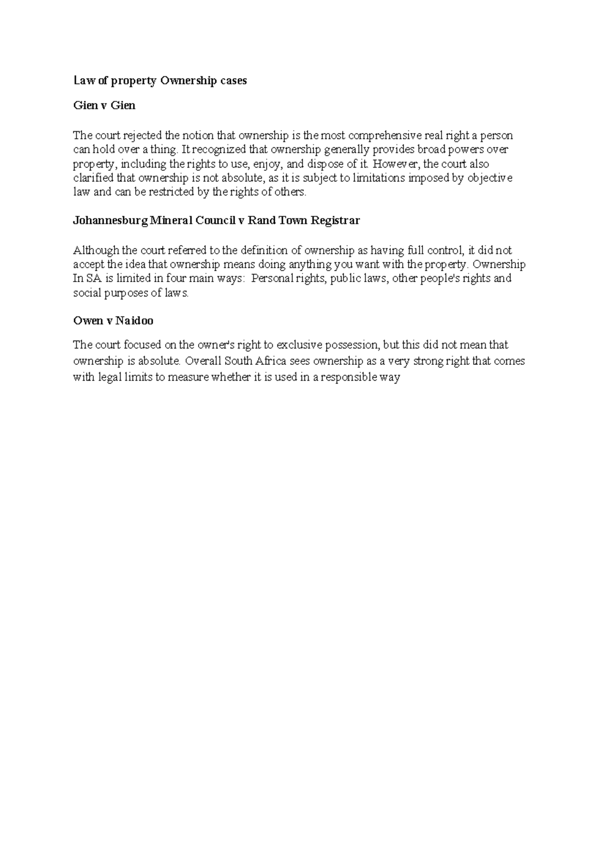 Law of Property: Ownership Cases Analysis and Limitations - Studocu