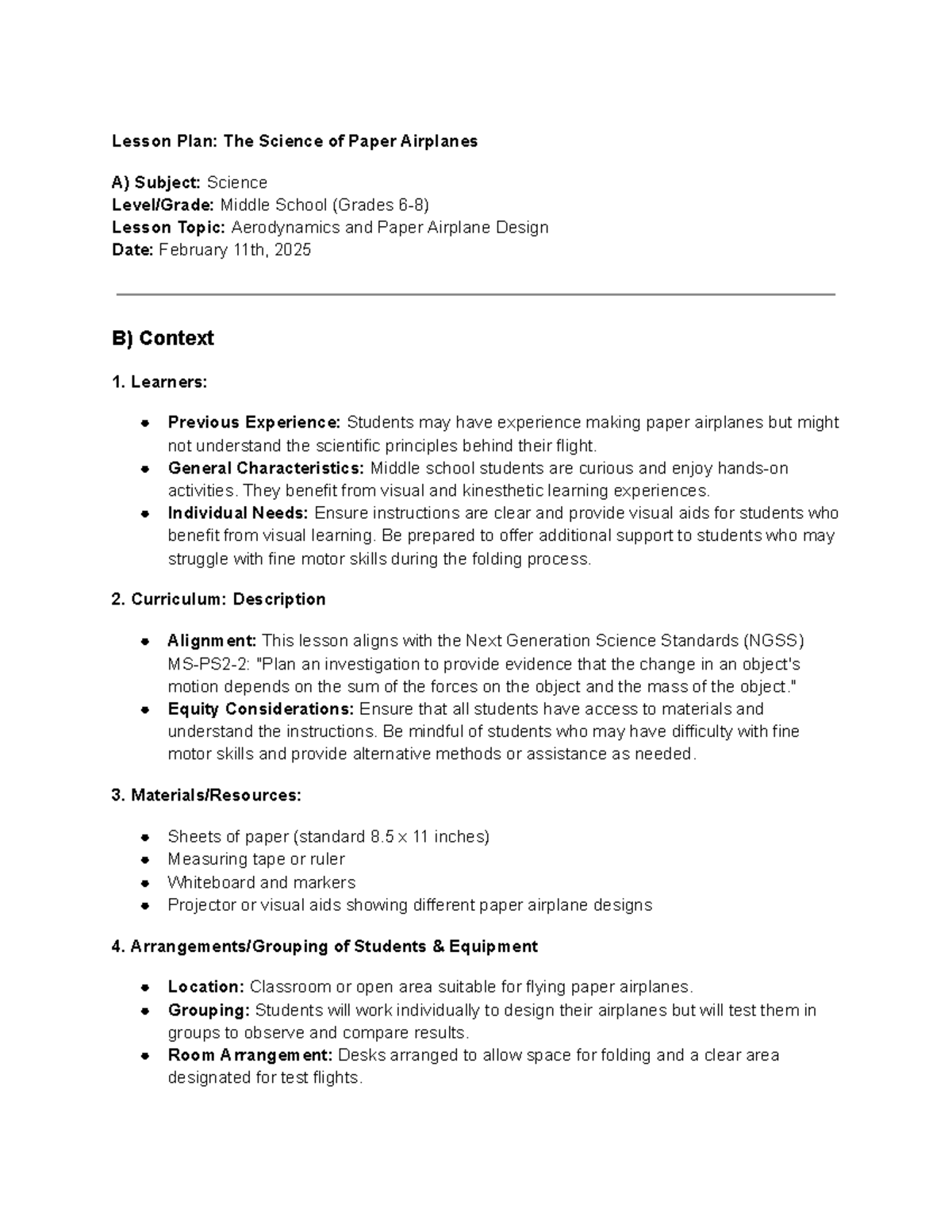 Lesson Plan How to Make a Paper Airplane - Lesson Plan: The Science of ...