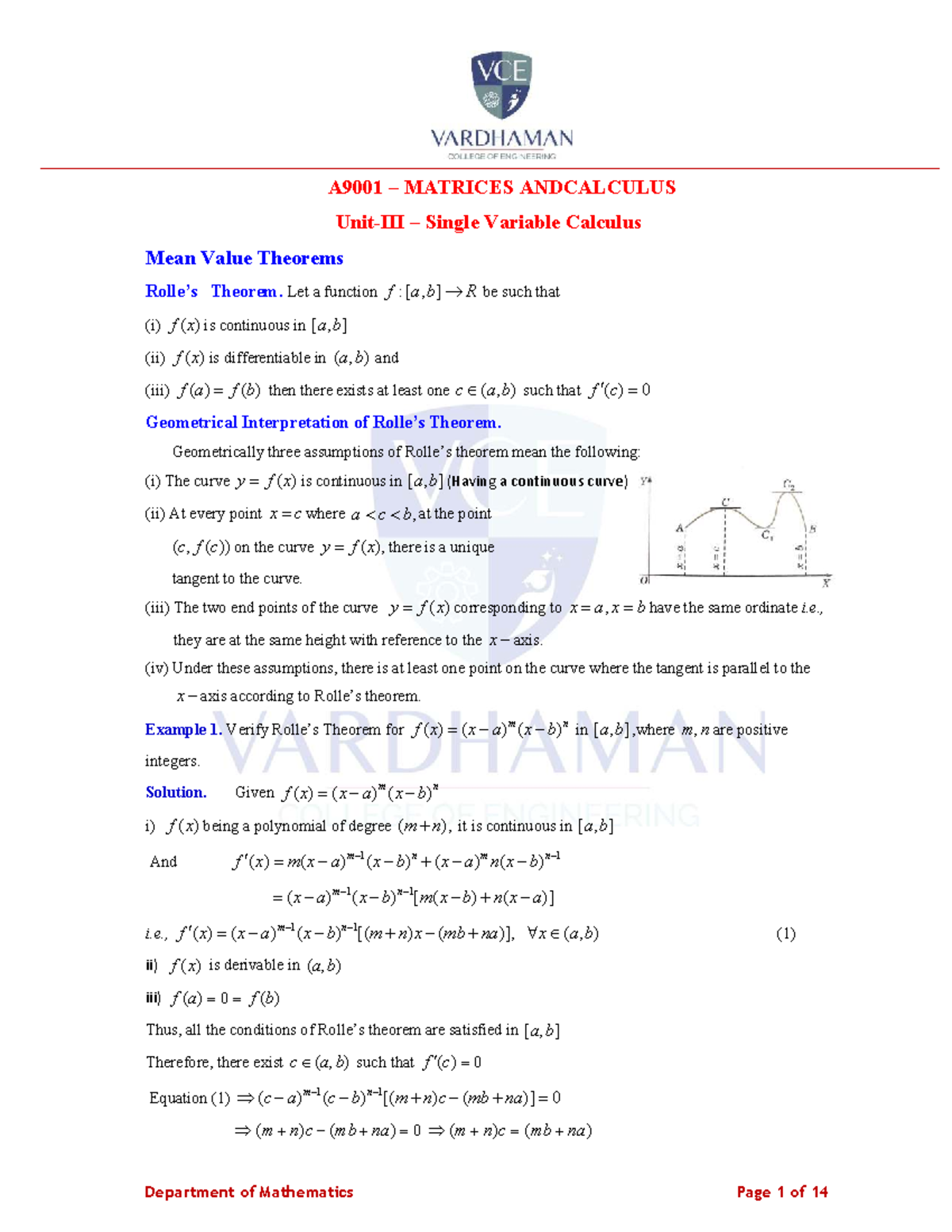 A9001 MAC Unit 3 Handout: Mean Value Theorems in Calculus - Studocu