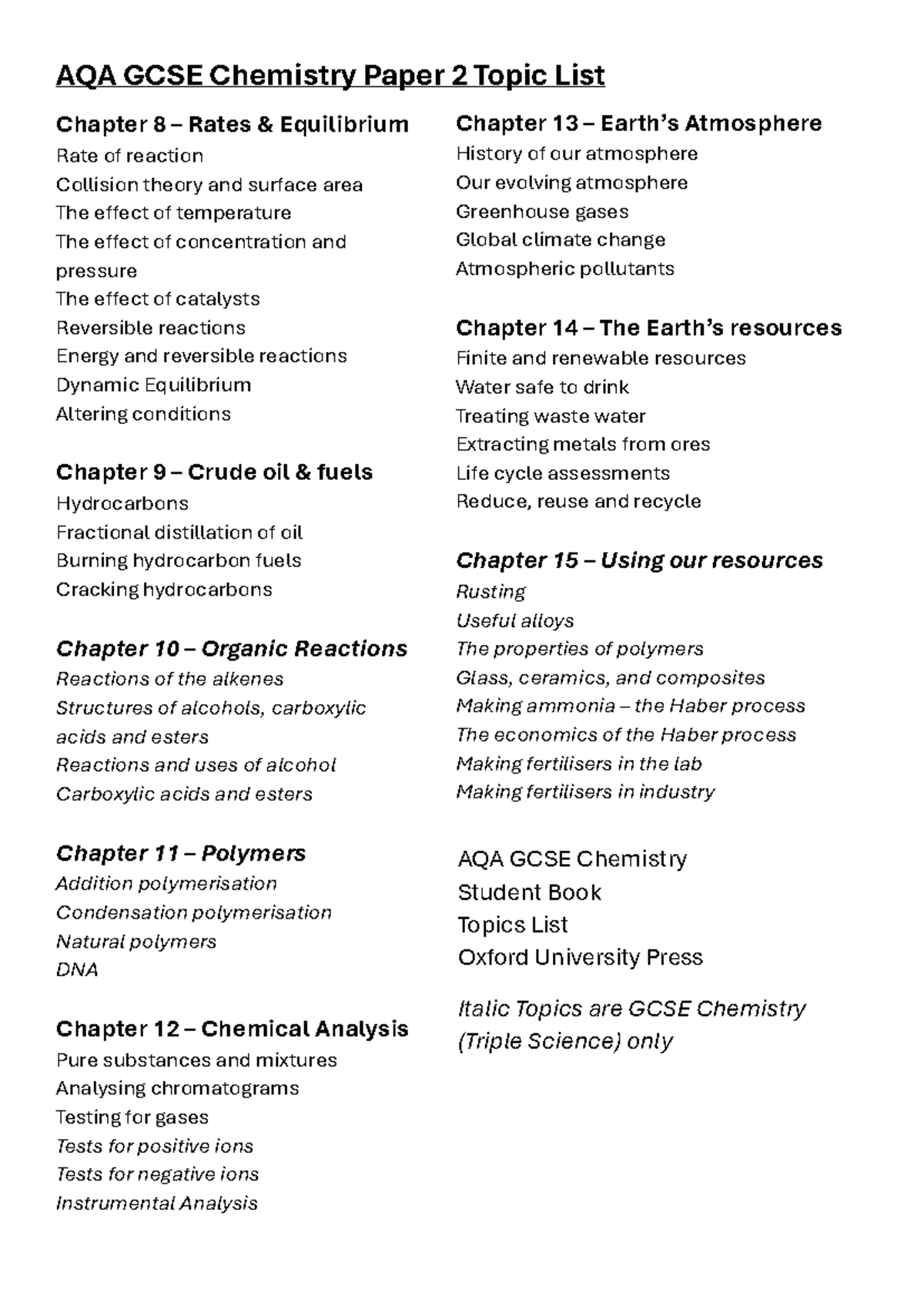 AQA GCSE Chemistry Paper 2: Key Topics & Concepts Overview - Studocu