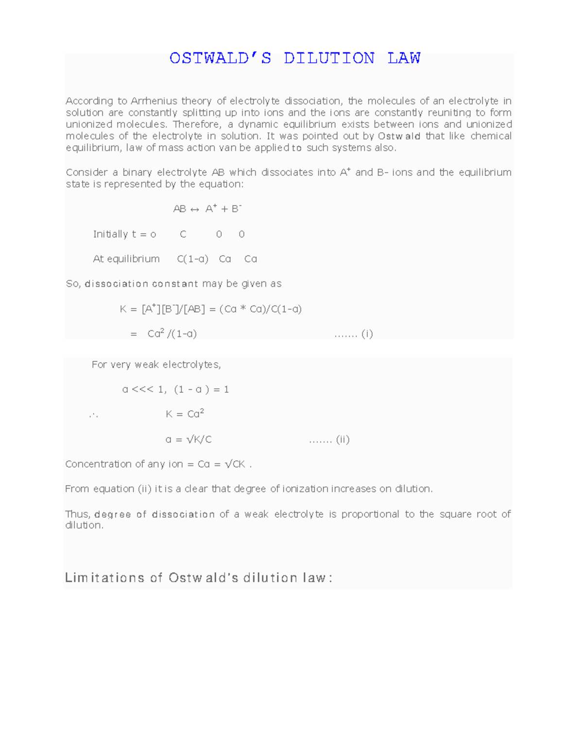 Ostwald's Dilution Law - DIL 101 Lecture Notes - Studocu