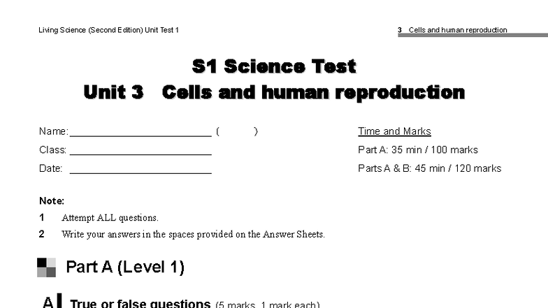 Living Science (2nd Ed) Unit Test 1: Cells & Human Reproduction - Studocu