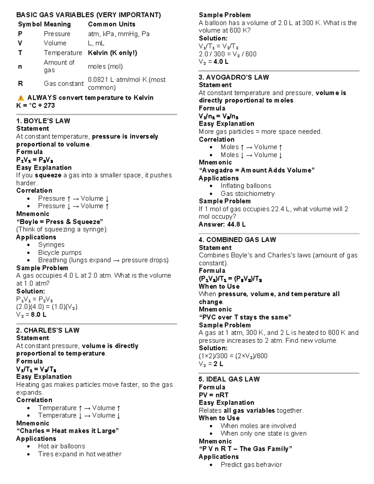 Sci10 - Basic Gas Laws Summary and Applications - Studocu