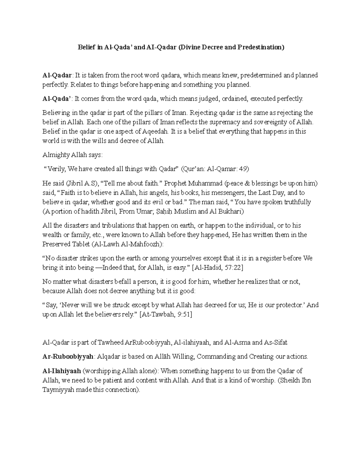 Belief in Al-Qada' and Al-Qadr: Understanding Divine Decree - Studocu