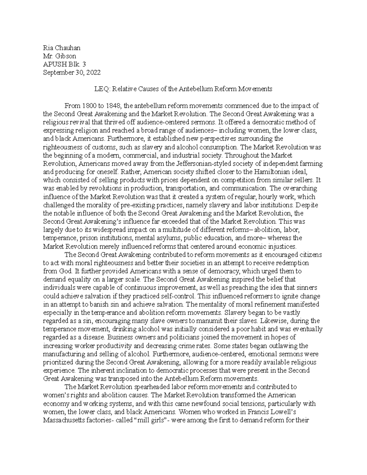 LEQ on the Influential Factors of Antebellum Reform Movements - Studocu