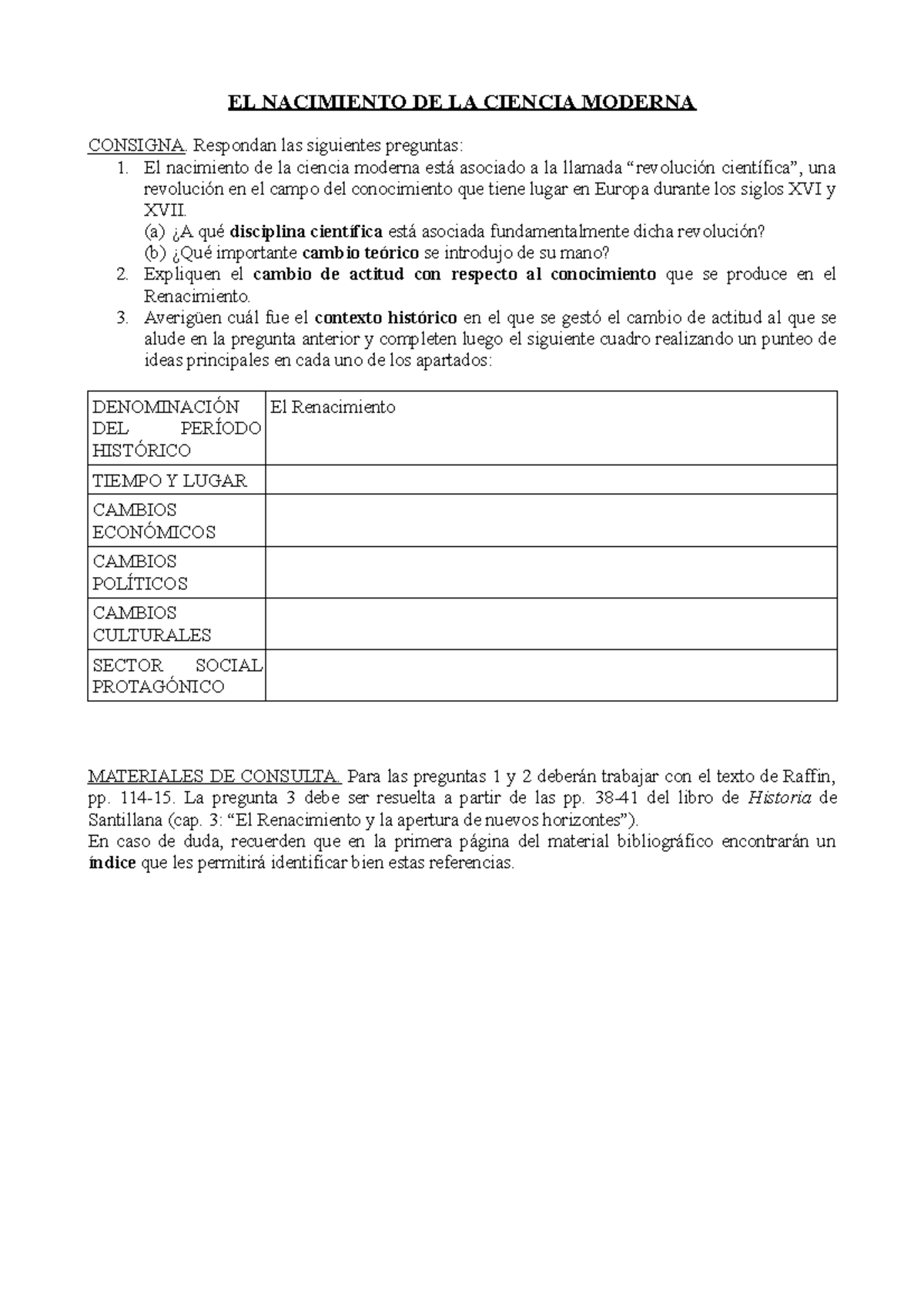 EL NACIMIENTO DE LA CIENCIA MODERNA: CONSIGNA Y PREGUNTAS - Studocu