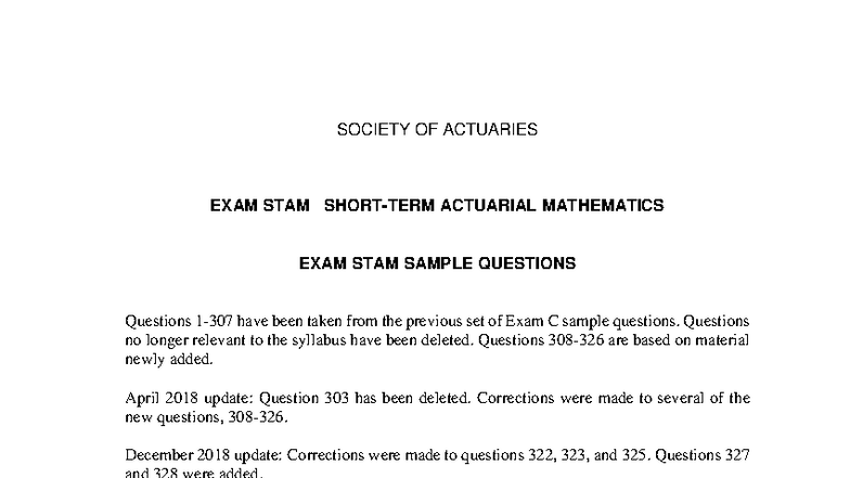 SOCIETY OF ACTUARIES EXAM STAM SAMPLE QUESTIONS (Feb 2019 Syllabus ...