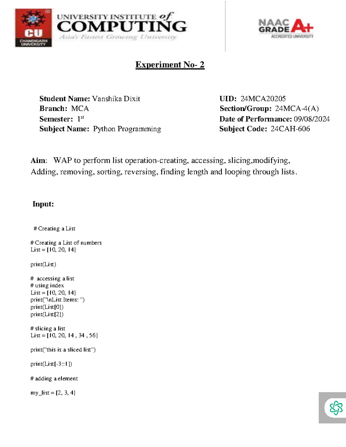 Python exp 2 - Experiment No- 2 Student Name: Vanshika Dixit UID: 24MCA202 05 Branch: MCA - Studocu