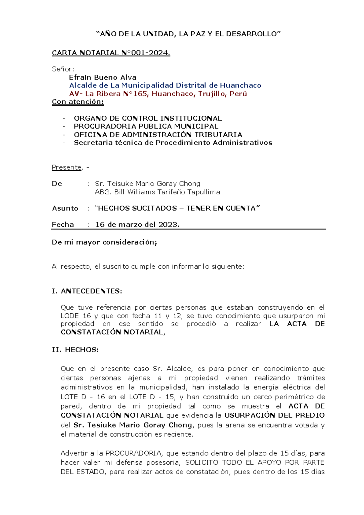 Carta Notarial N°001-2024: Informe sobre Usurpación de Propiedad - Studocu