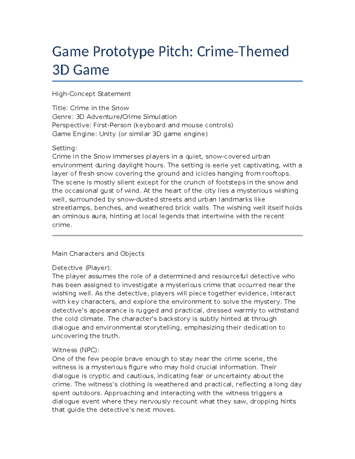 Crime Theme Game Pitch: Crime in the Snow - 3D Adventure Prototype ...