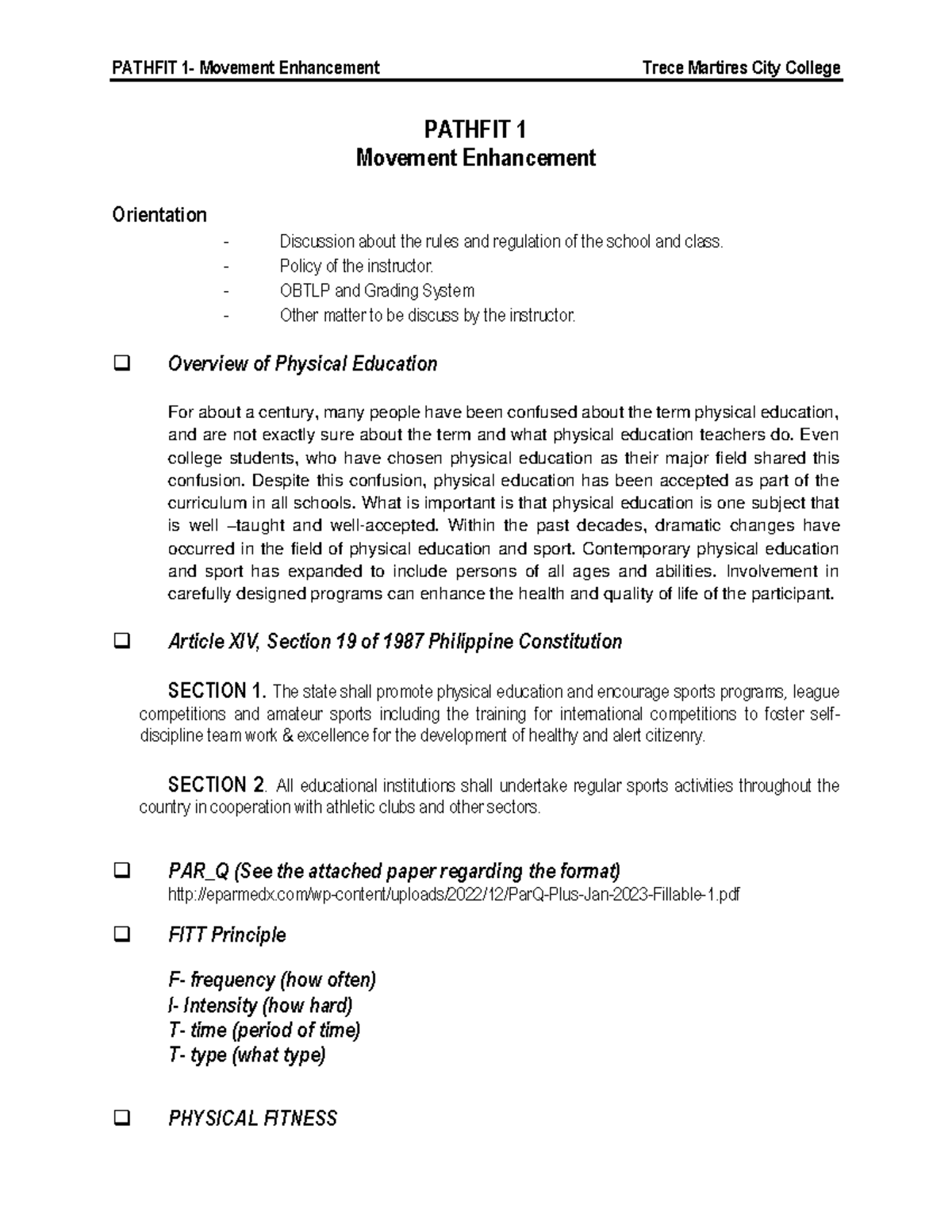 PHED-101-Handouts - dsadasdsadsadas - PATHFIT 1 Movement Enhancement ...