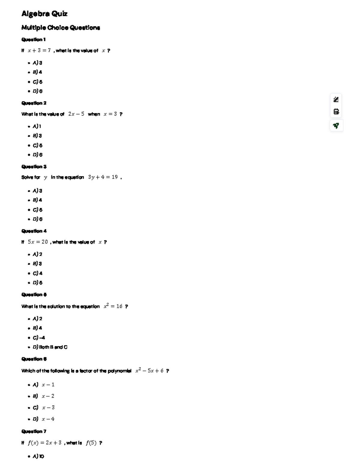 Algebra Quiz MCQs - Problem Set for Review - Studocu