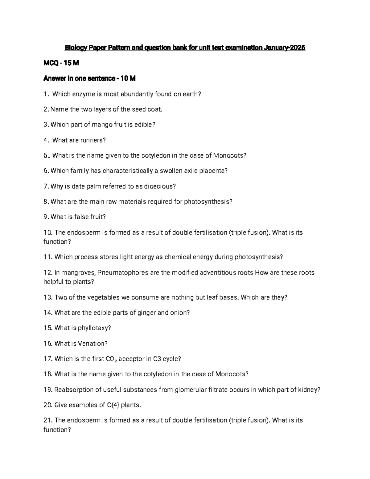Biology Unit 2: Exam Pattern & Question Bank for Unit Test - Studocu